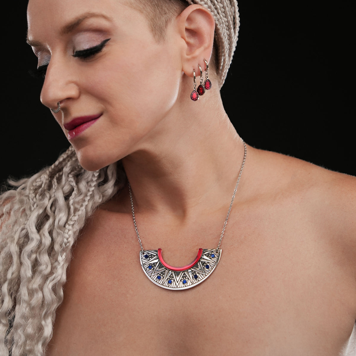 CLEOPATRA GEMMED ARC PENDANT NECKLACE | Ruby Red and Silver – MAINE+MARA