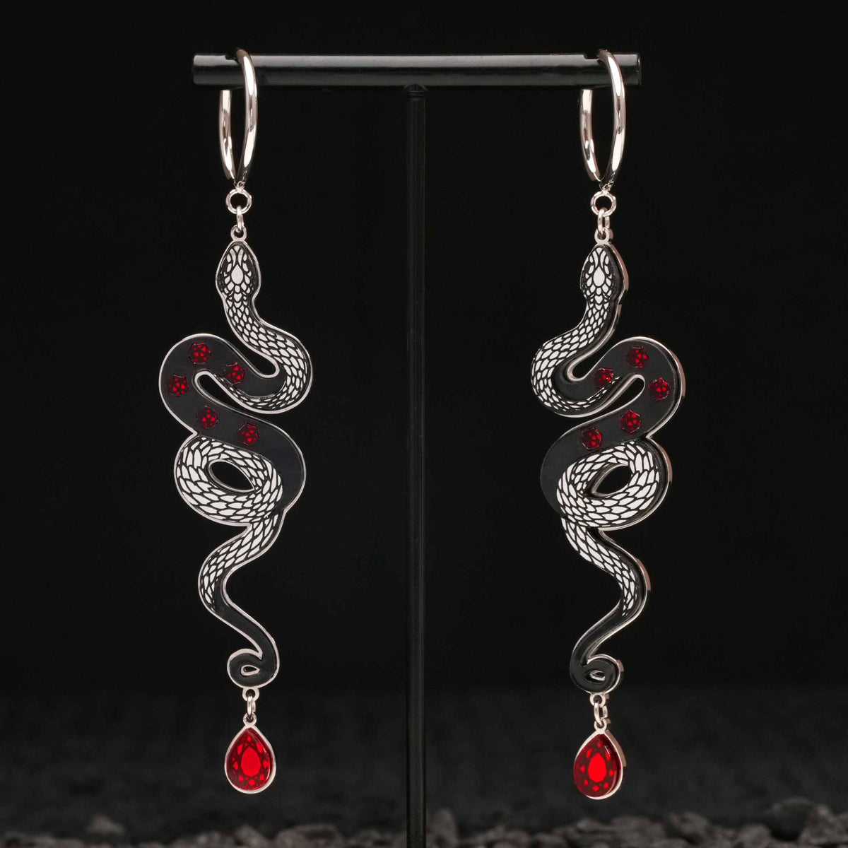 Medusa Snake Hoops – Black Onyx Marble & Ruby Gems | MAINE+MARA